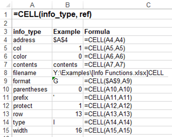 Information Functions: CELL and INFO, etc. – Excel for Engineers